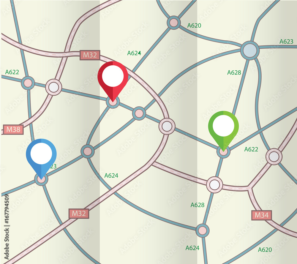 Folded abstract road map with markers Stock Vector | Adobe Stock