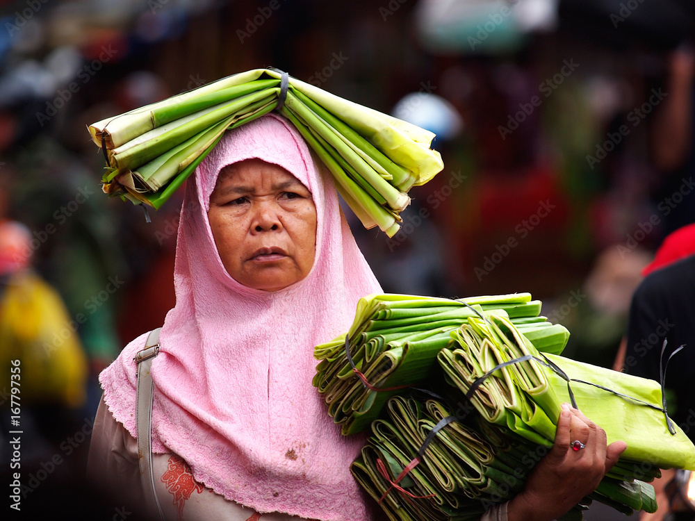 Sumatran Muslim Woman: Wearing Hijab and Carrying Banana Leaves on Her ...