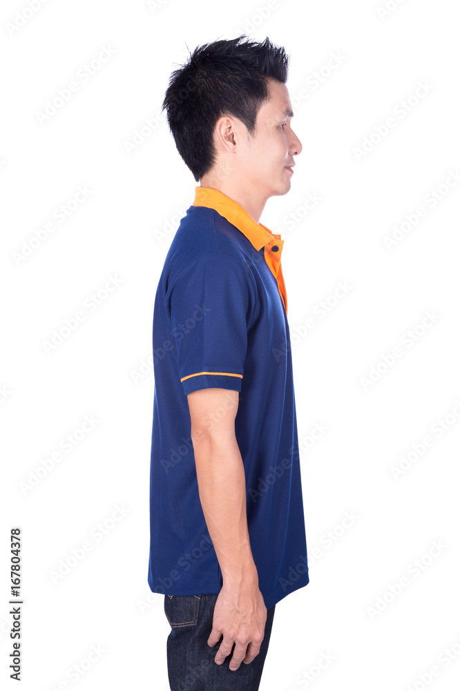man in blue polo shirt isolated on white background (side view) Stock ...