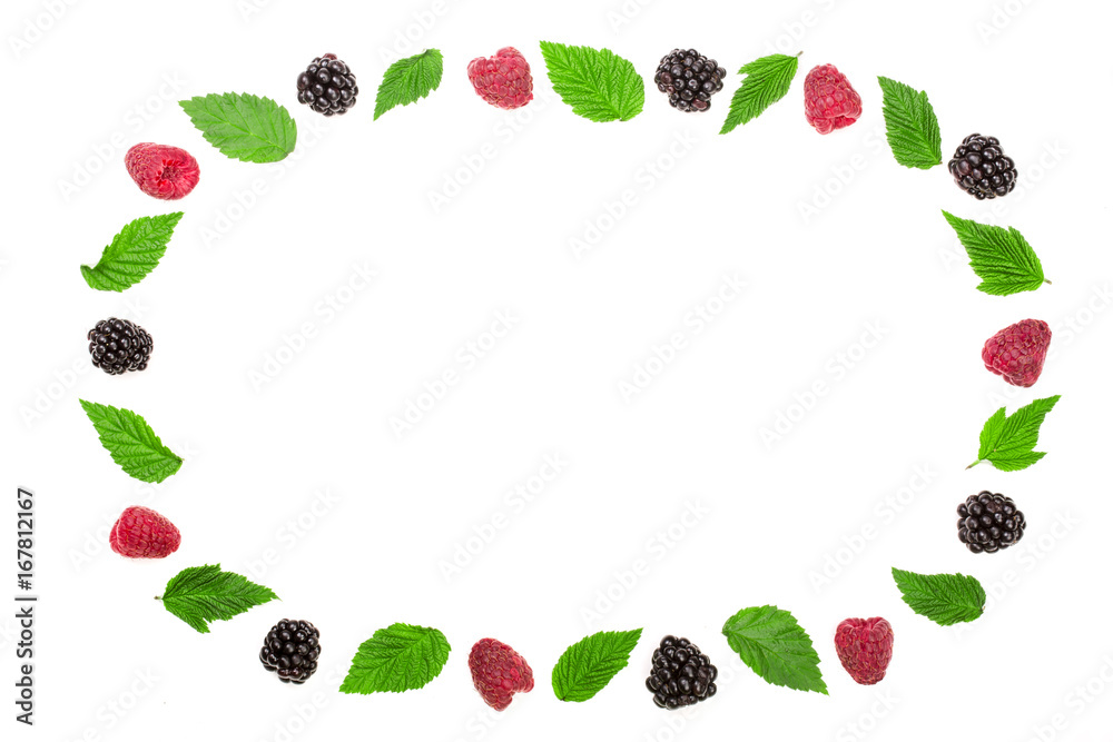 Raspberry blackberry frame isolated on white background with copy space ...