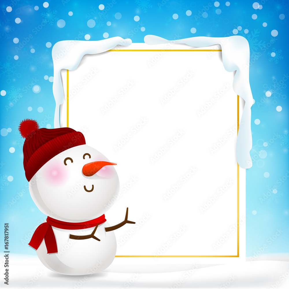 Blank rectangle frame and snow ma cartoon with copy space and winter ...