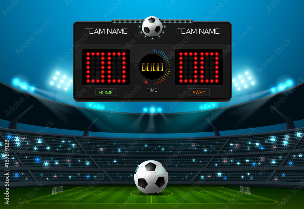 soccer football field with scoreboard and spotlight Stock Vector ...