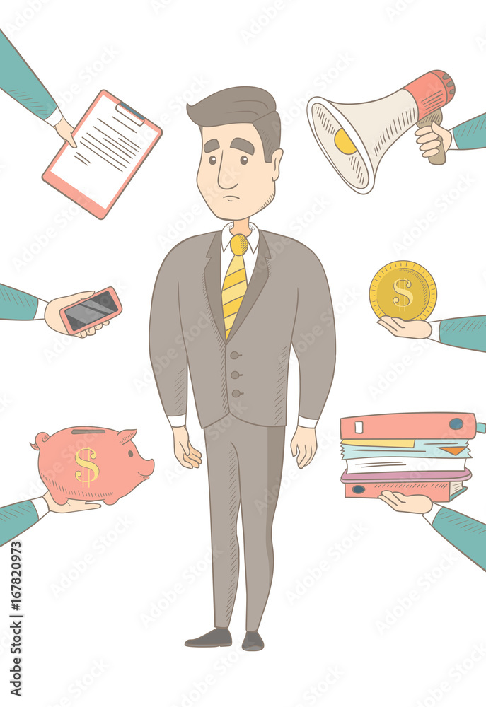 Caucasian hard working businessman. Hard working businessman surrounded ...