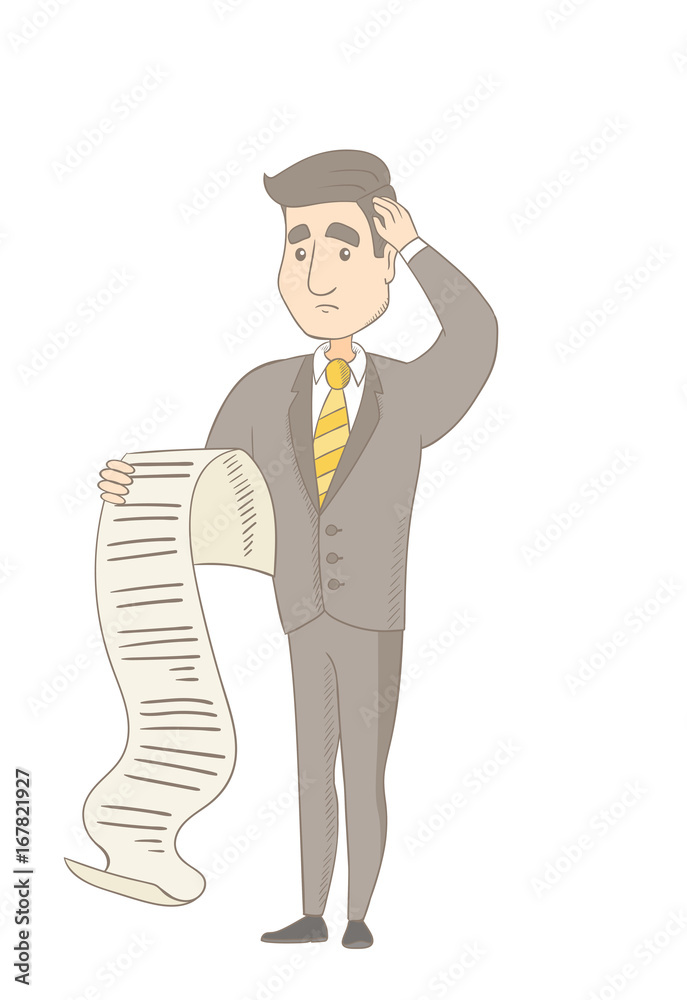 Caucasian accountant standing with a long bill. Anxious accountant ...