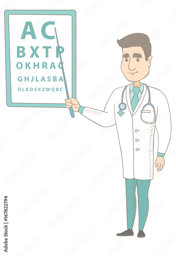 Caucasian ophthalmologist doctor standing on the background of eye ...