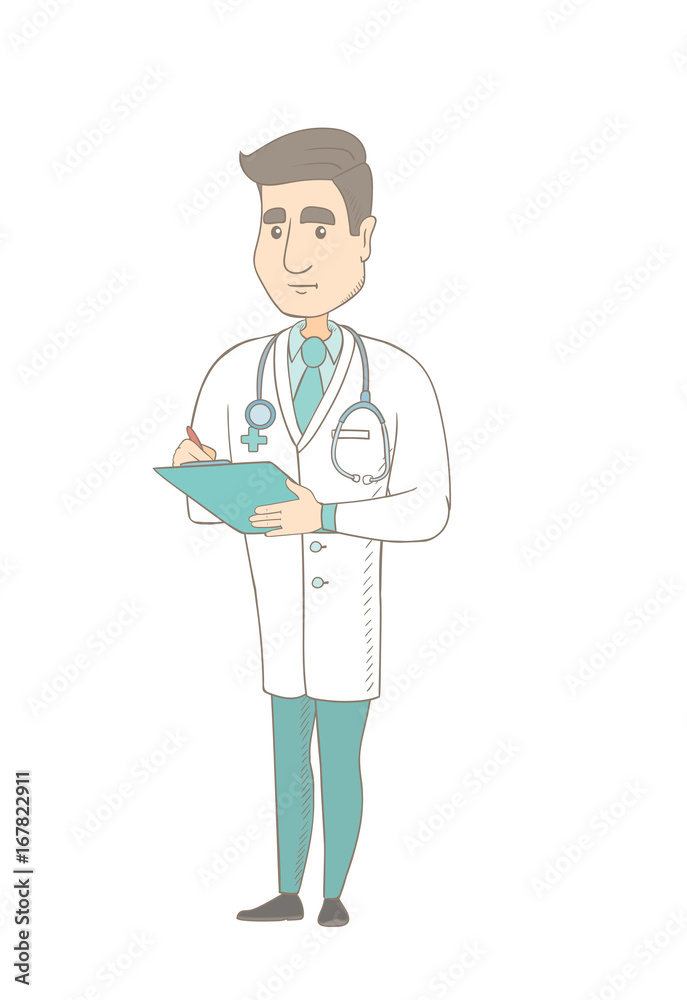 Caucasian doctor writing notes in a notepad. Young doctor writing ...