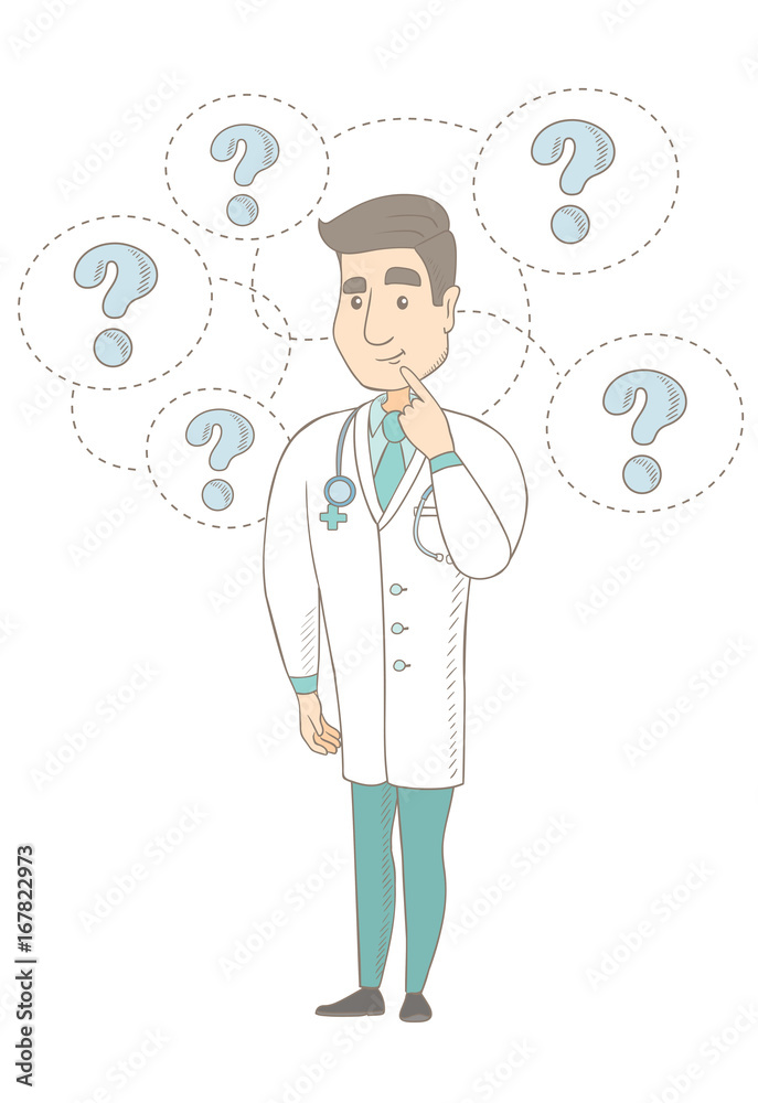 Young caucasian doctor looking at question marks above head. Full ...