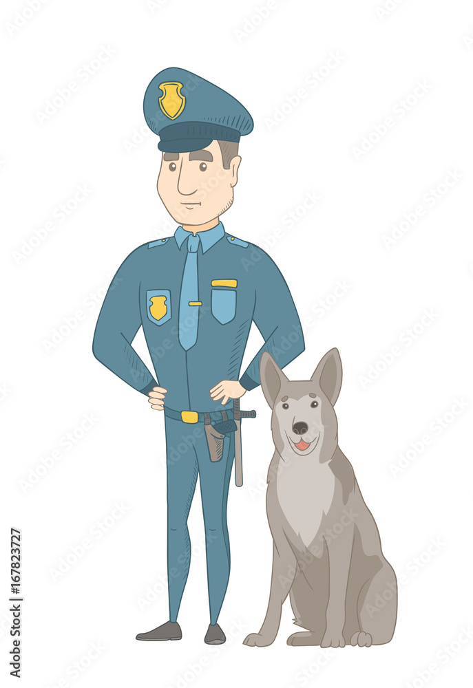 Caucasian police officer standing near police dog. Full length of young ...