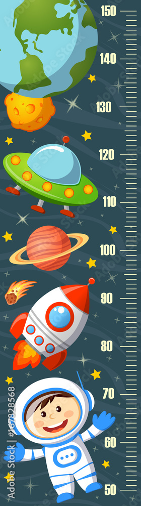 Stadiometer. Height measure. Meter wall with astronaut, spaceship ...