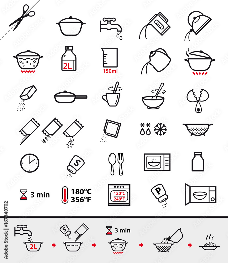 Kitchen icons for cooking instructions. Vector elements on white ...