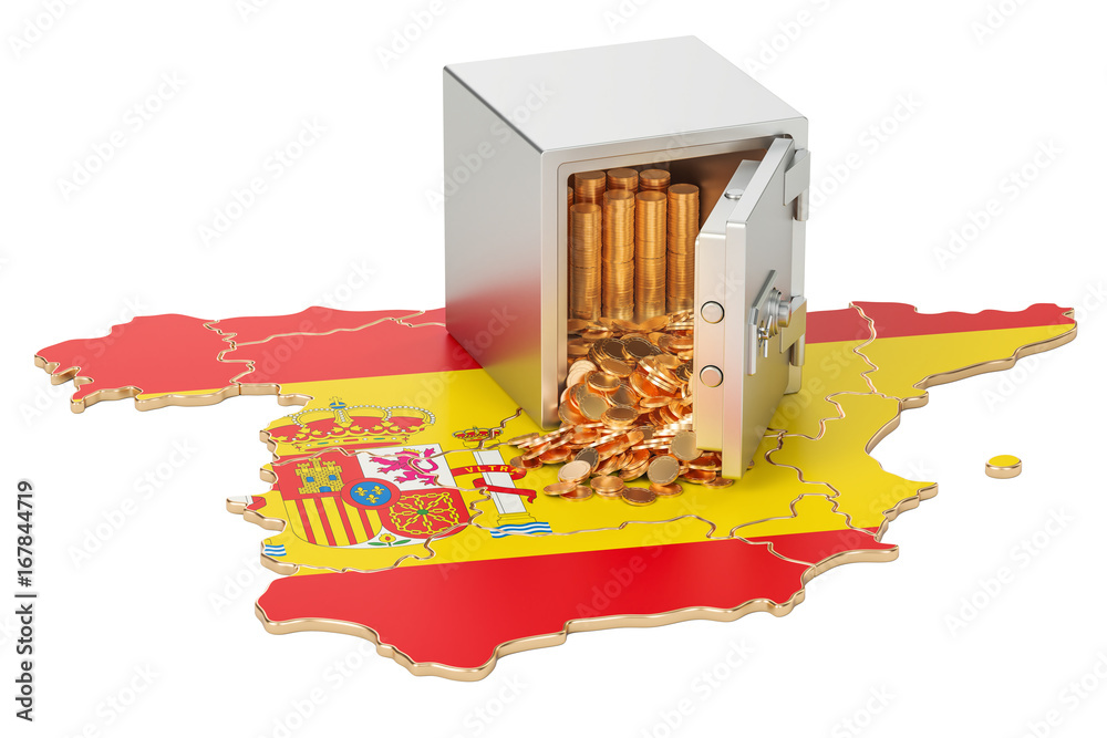 Safe box with golden coins on the map of Spain, 3D rendering Stock ...