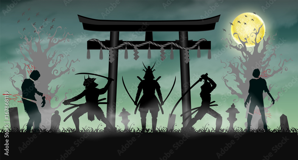 Poster samurai attack zombie with japan style temple gate – Wall Art ...