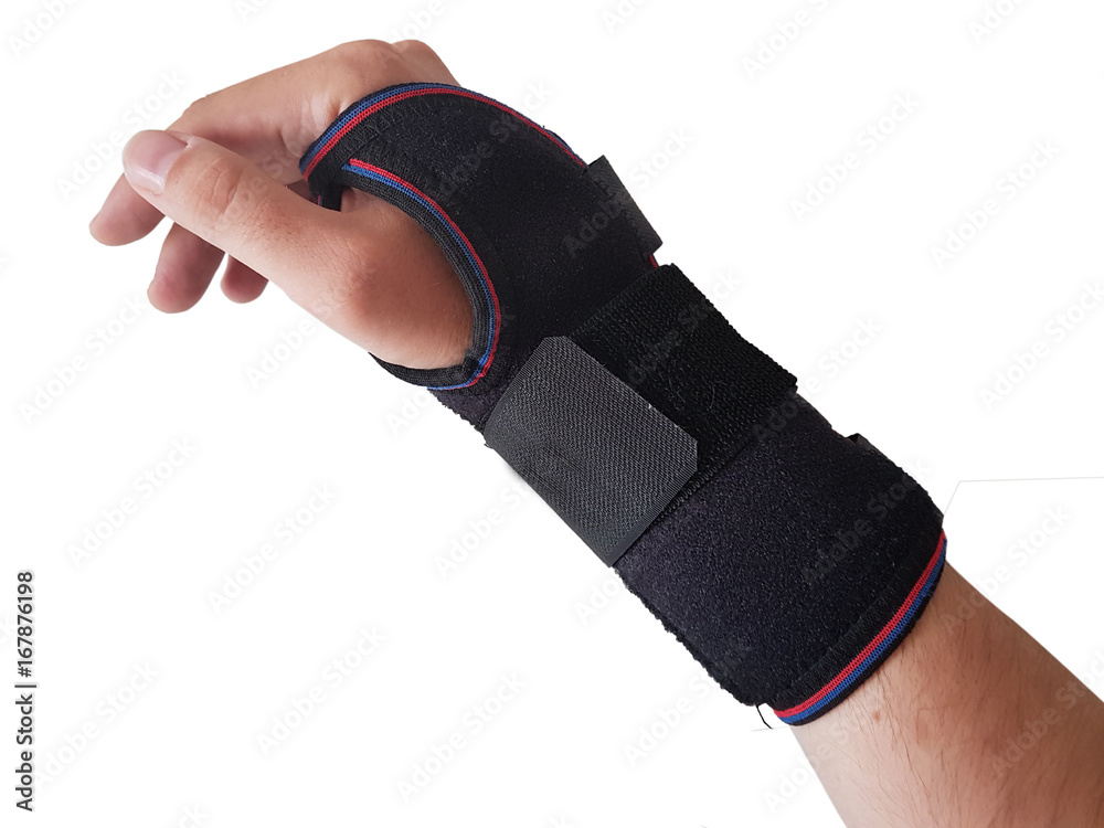 Black wrist splint for right hand male model. isolated white background ...