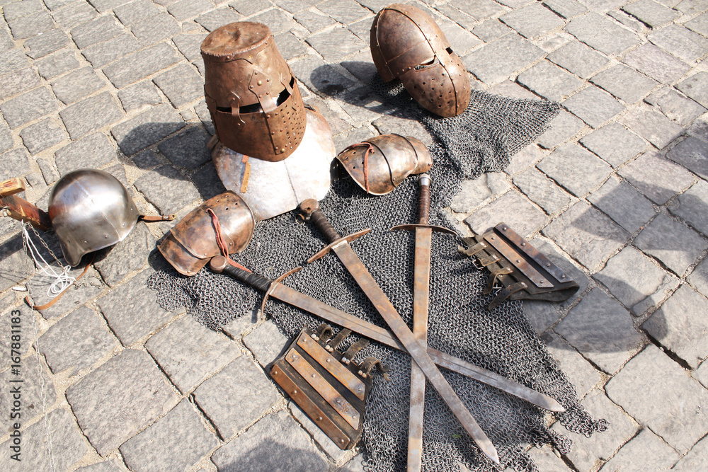 Medieval knight's armor, helmets, chain mail, swords Stock Photo ...