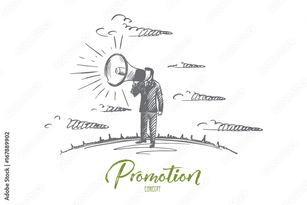 Promotion concept. Hand drawn man yelling through the megaphone. Male ...