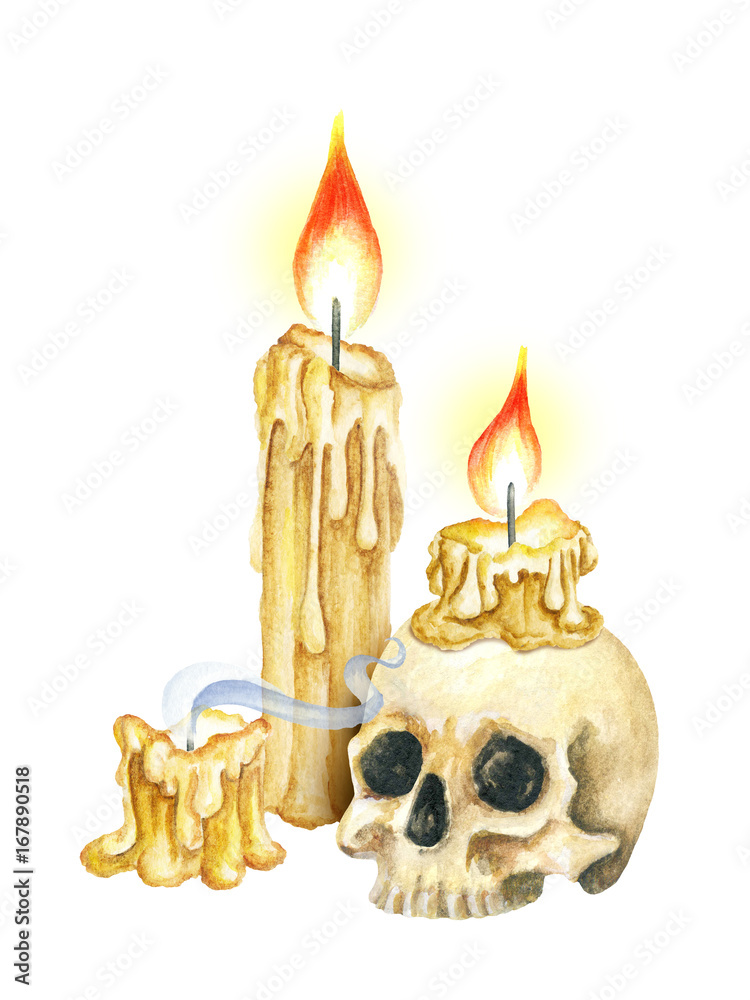 Vintage Manuscript Scroll, Burning Candles and Skull. Watercolor ...