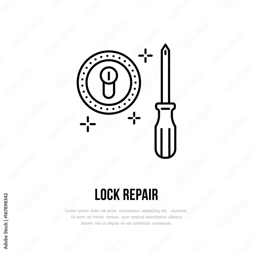 Door locks installation logo, repair flat line icon. Lock cylinder ...