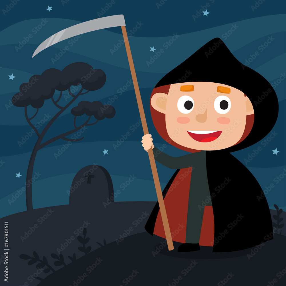 Vector cute cartoon kid in colorful halloween costume: death. Ha Stock ...