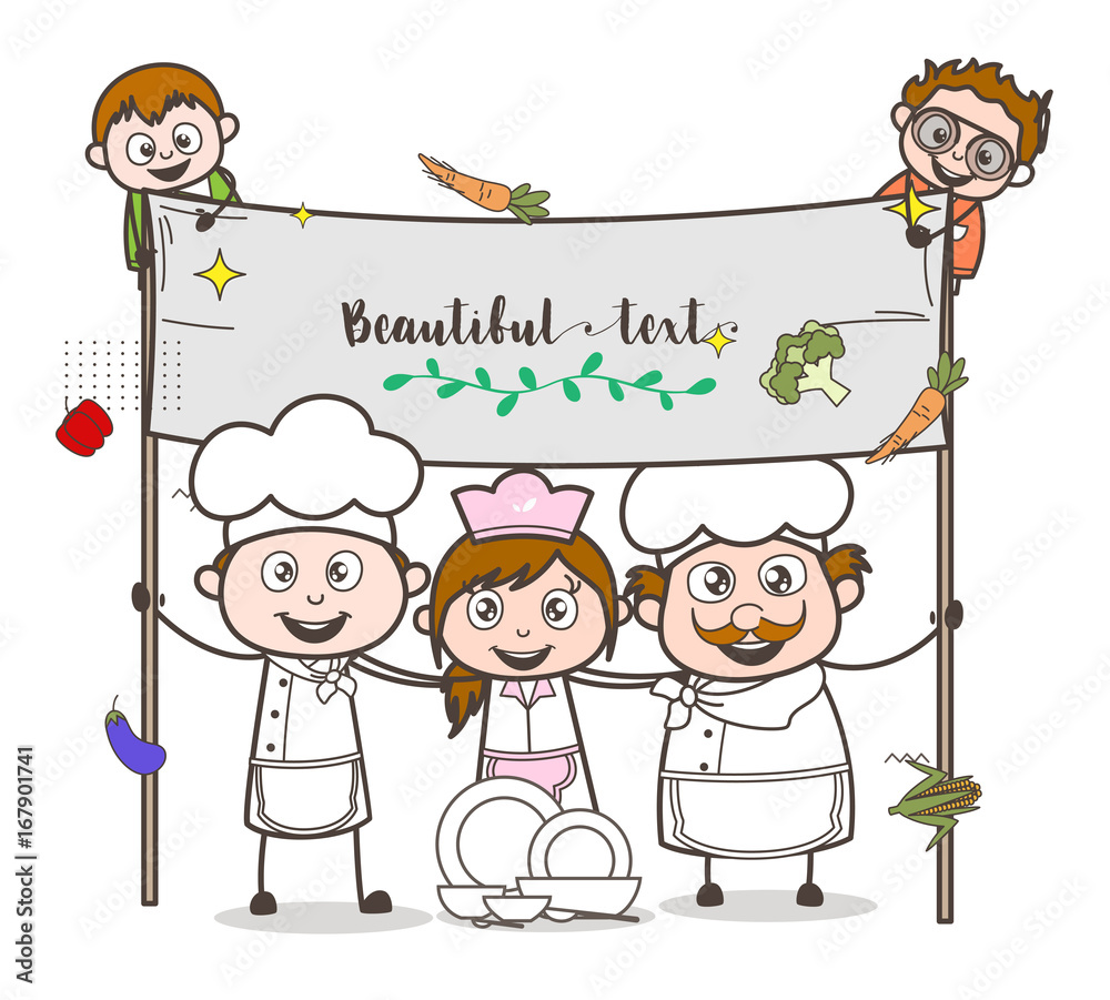 Cartoon Happy Chef Team with Kids and Banner Vector Stock Vector ...