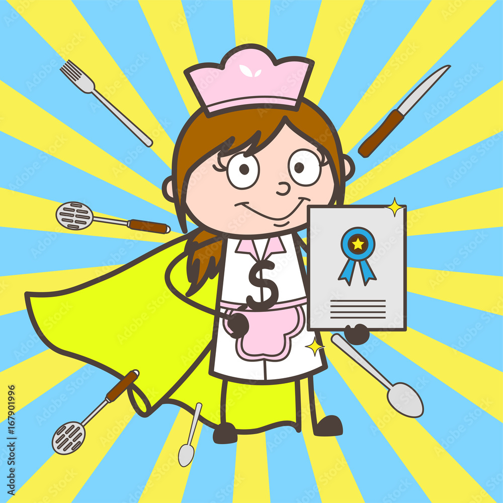 Cartoon Waitress Showing Reward Certificate Vector Illustration Stock ...