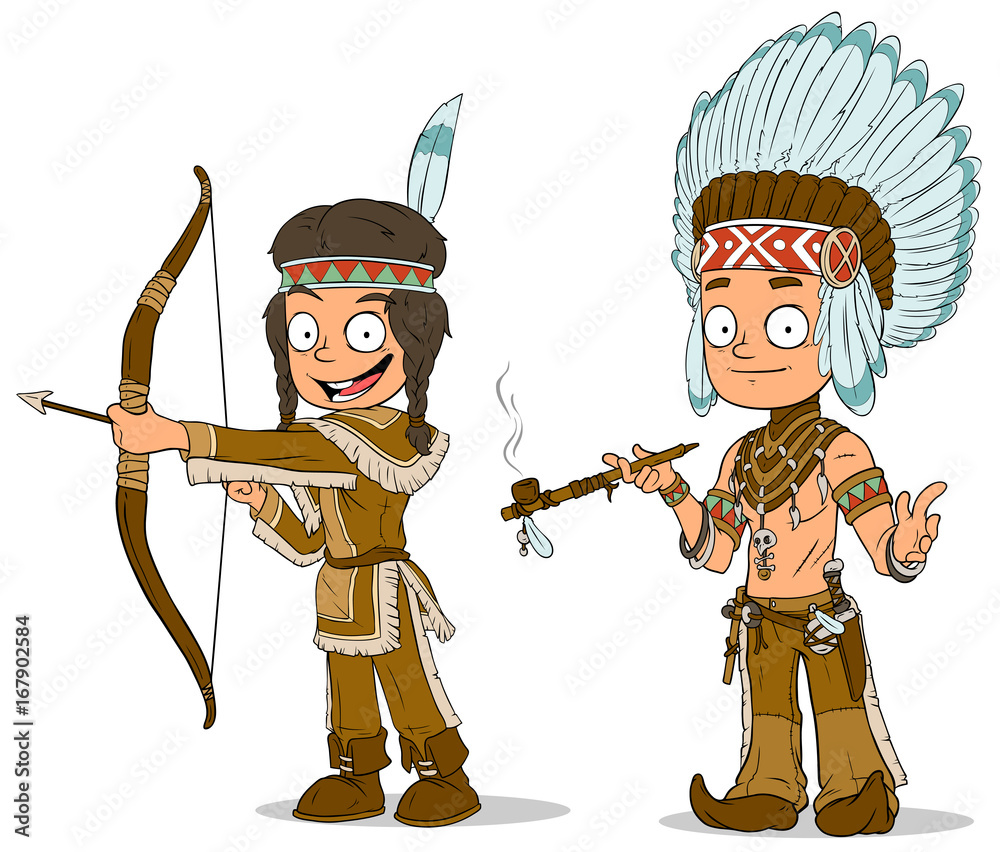 Cartoon indian chief young warrior characters set Stock Vector | Adobe ...