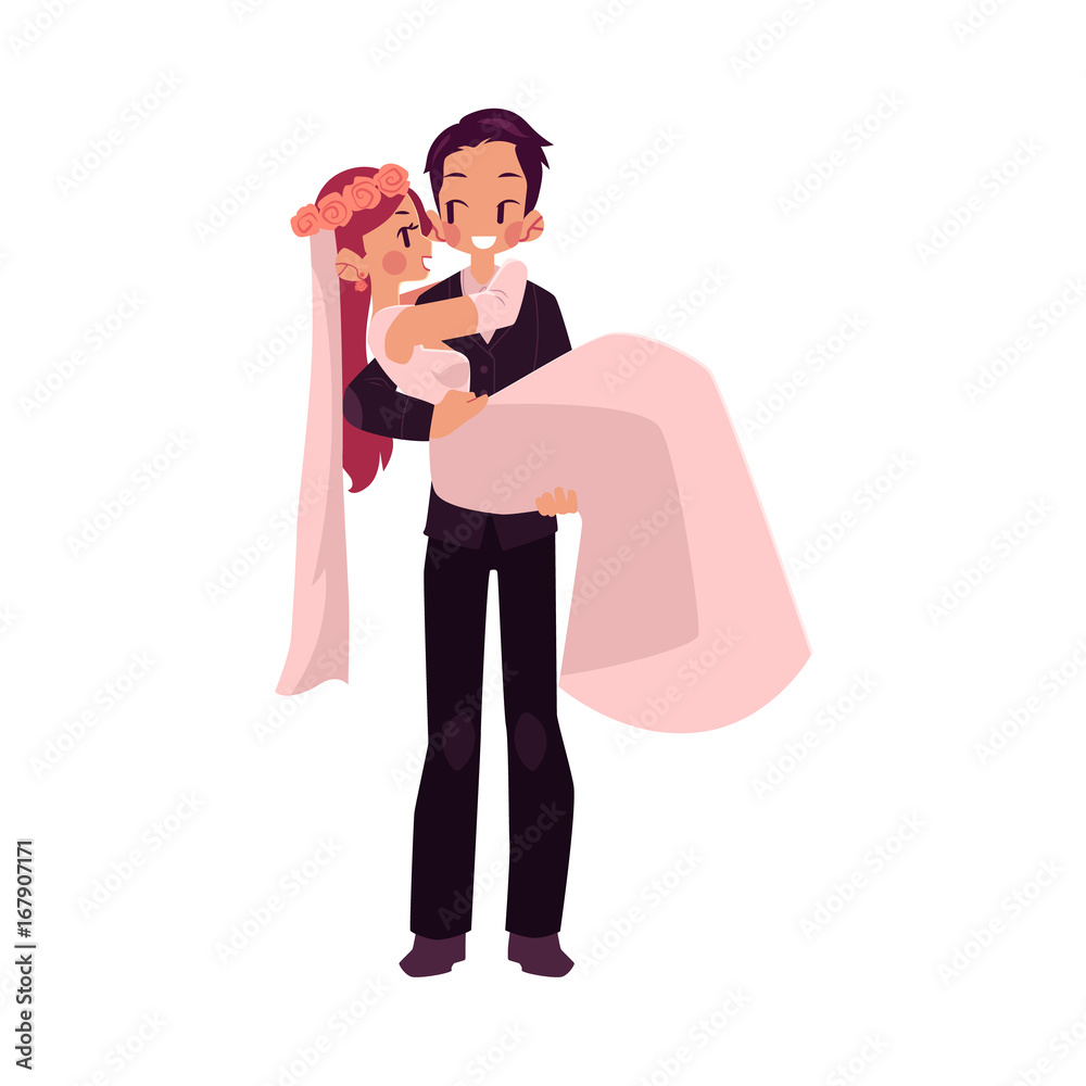 vector groom carrying bride holding her in his arms flat cartoon ...