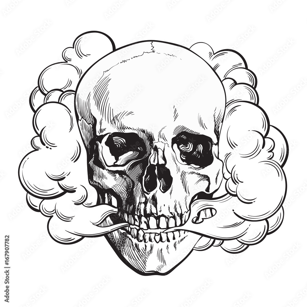 Smoke coming out of fleshless skull, death, mortal habit concept, black ...