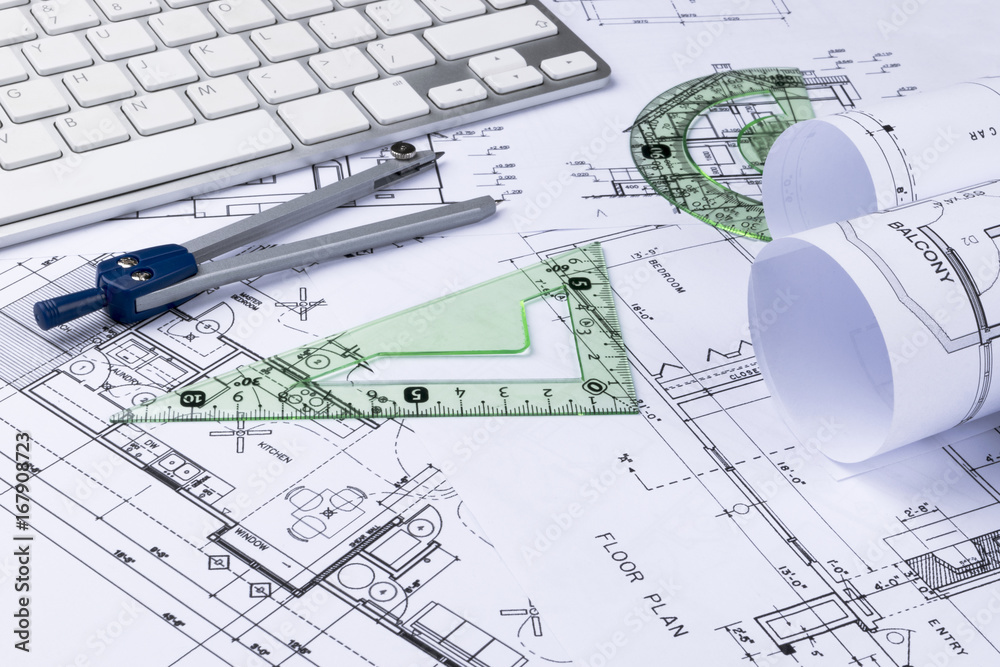 Architectural blueprints drawings of the modern house with computer ...