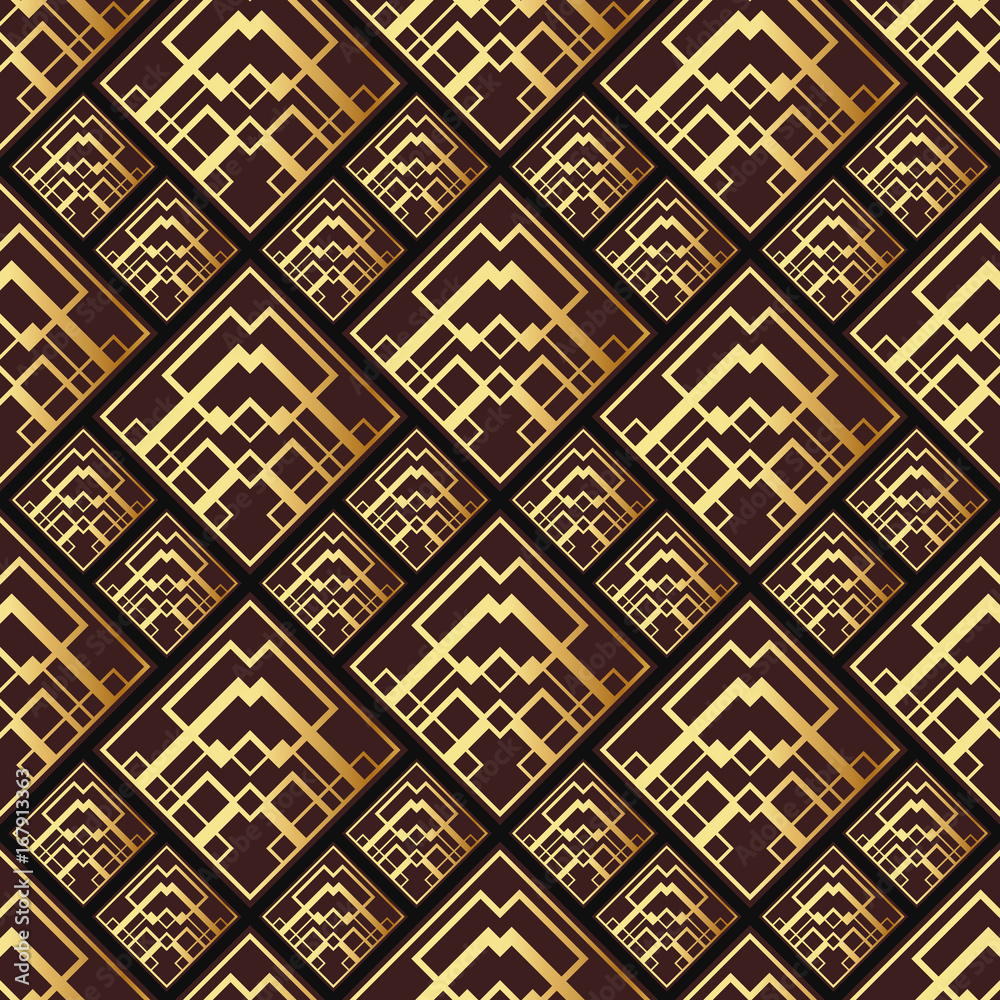 Seamless pattern in Art Deco style. Black and golden tilework. 3d ...