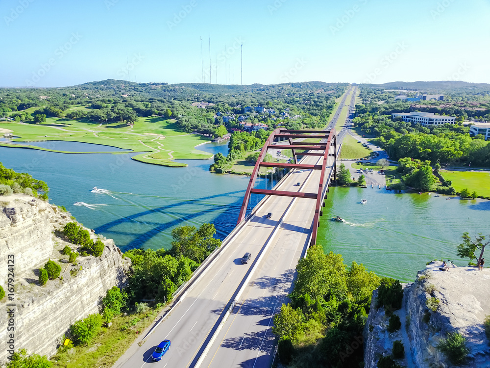 Zdjęcie Stock: Aerial view Pennybacker Bridge or 360 Bridge and ...