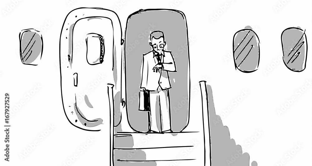 Man walking out from landed plane. Looking at the watch. Vector sketch ...