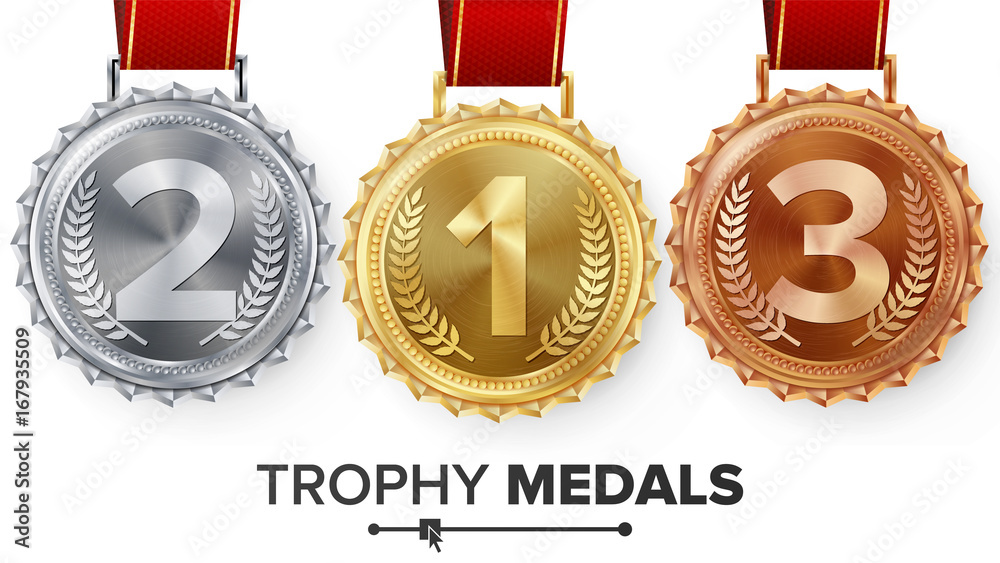 Winner Gold, Silver, Bronze Medals Set Vector. Metal Realistic Badge ...