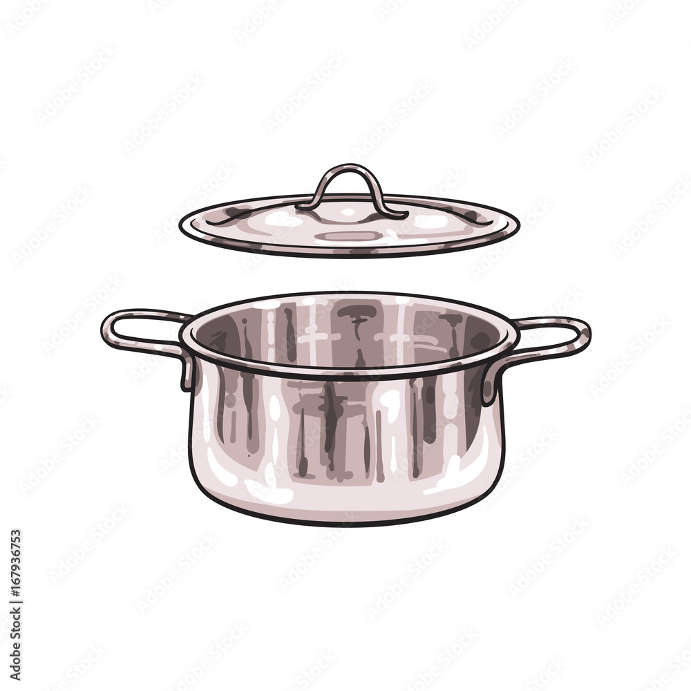 vector metal chrome cooking pot sketch cartoon isolated illustration on ...