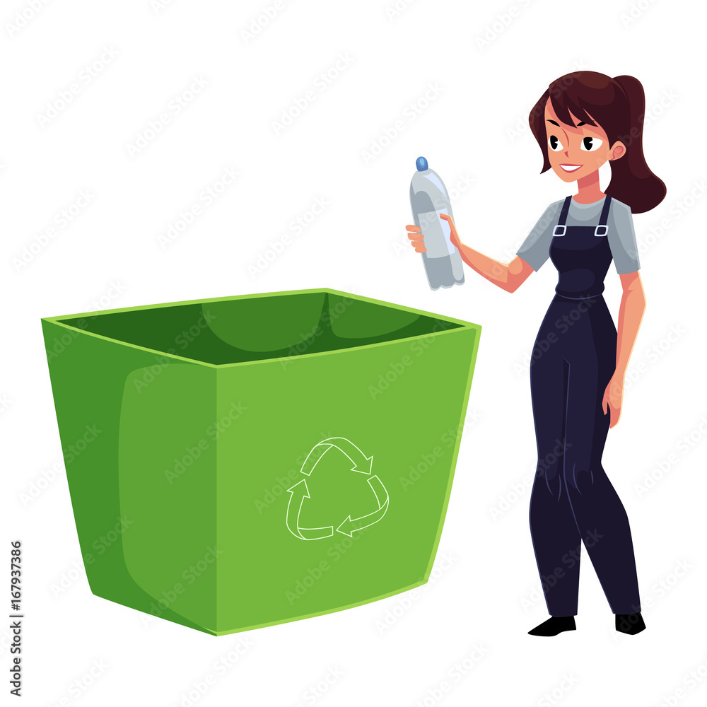 Young woman throwing plastic bottle in trash, garbage recycling concept ...