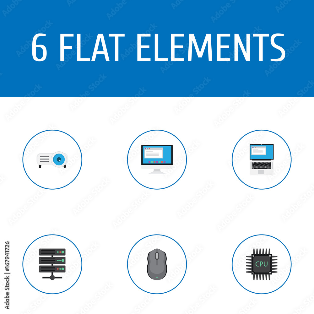 Flat Icons Laptop, Display, Microprocessor And Other Vector Elements. Set Of PC Flat Icons ...