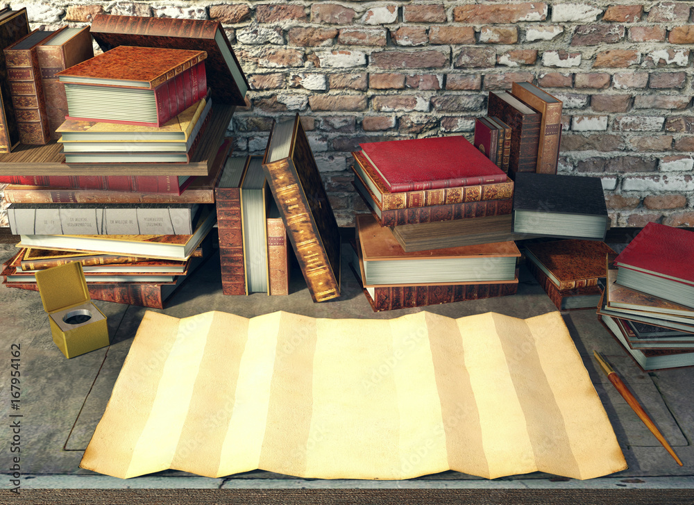 Old paper and ancient books on study table in medieval scene, 3D ...