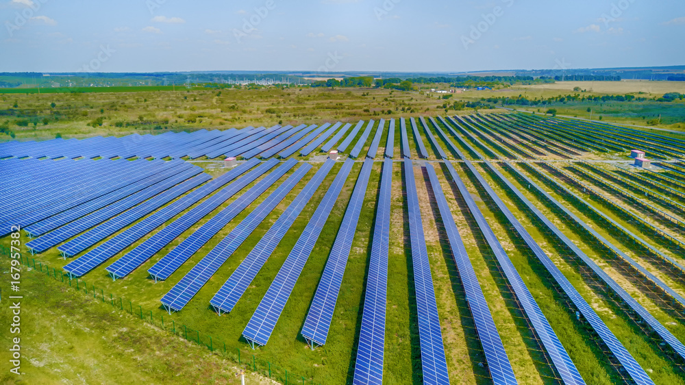 Solar power plant in the field. Aerial view of Solar panels. Solar farm ...