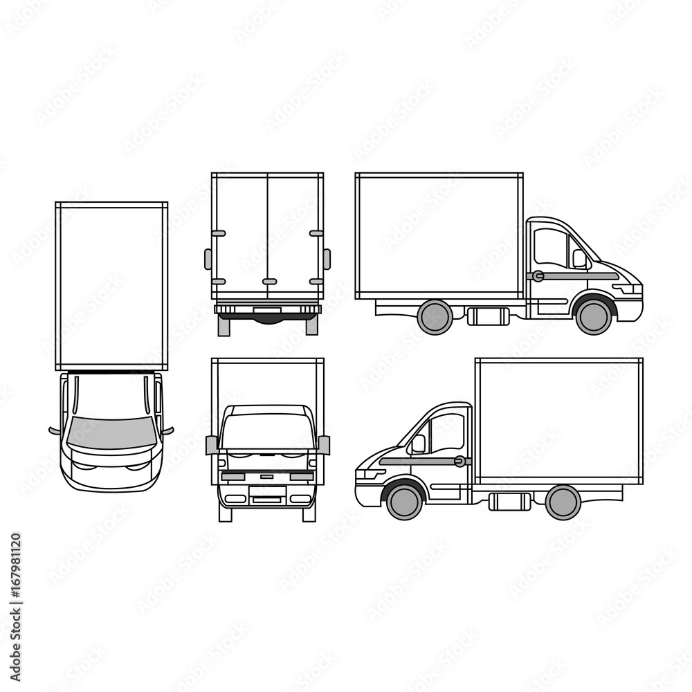 Vector small truck front view back view and side view. Cargo delivery ...