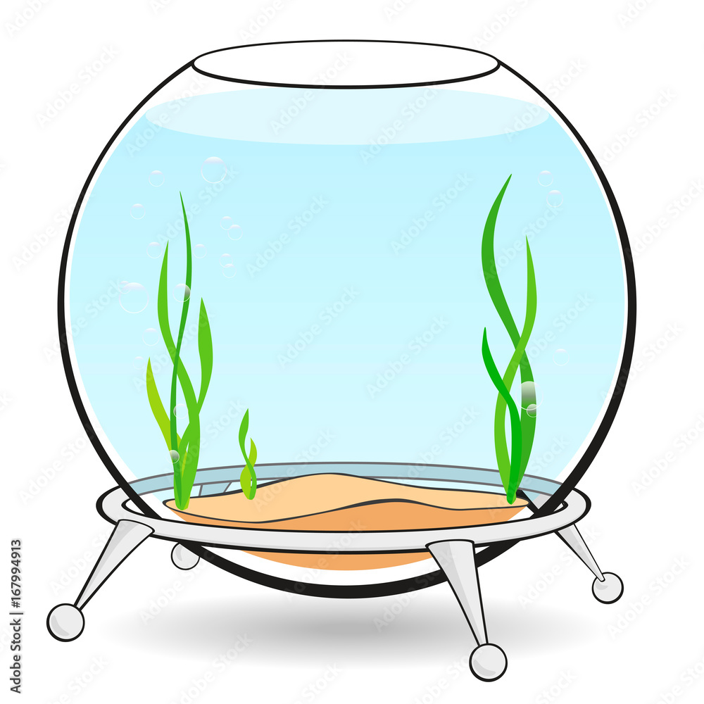 Fishbowl for fish with blue water, algae and bubbles on the stand ...