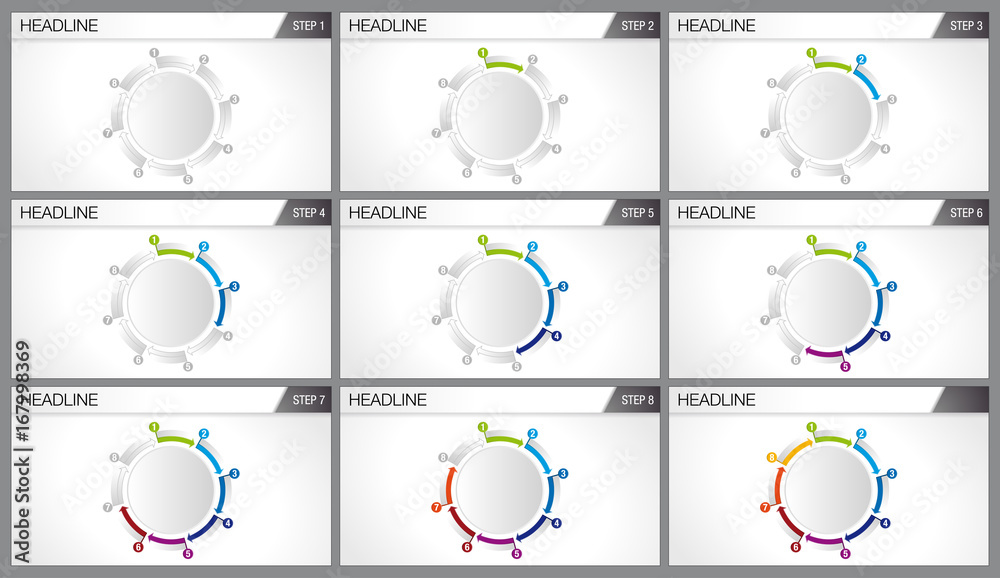Graphic of 8 arrows of different colors forming a cycle. Each graph ...
