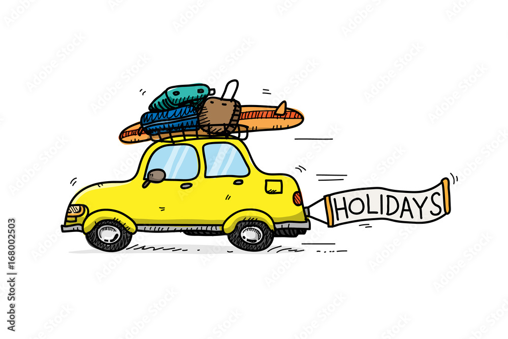 Yellow Car on a Summer Holiday Vacation, a hand drawn vector cartoon ...