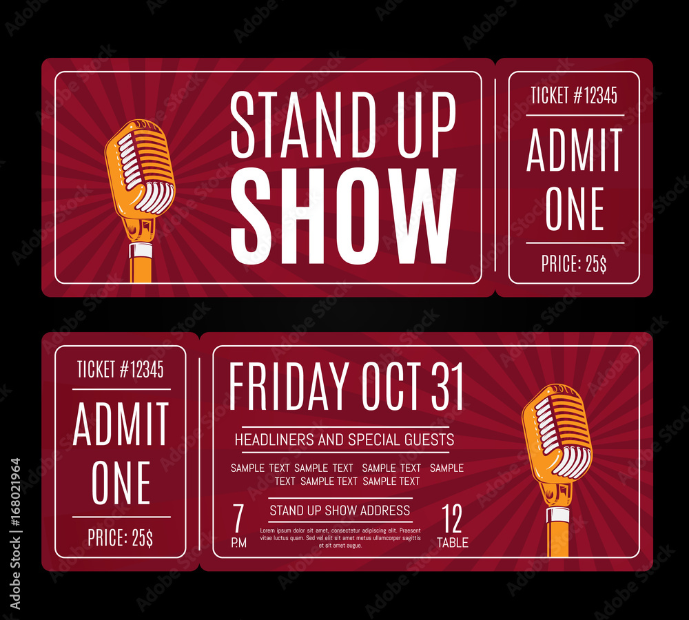 Vector stand up show tickets with retro microphone on sunburst ...