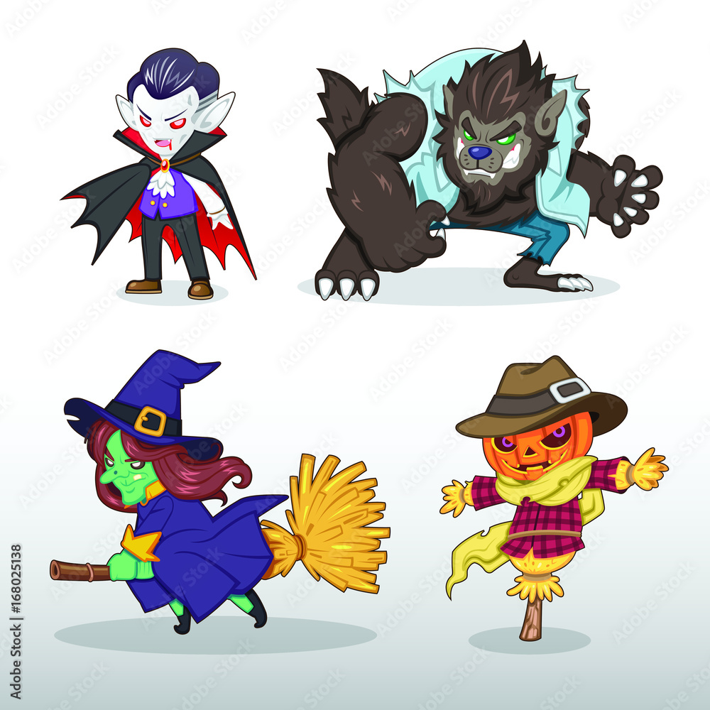 Vampire (Dracula), Werewolf, Witch and Pumpkin Scarecrow cartoon ...