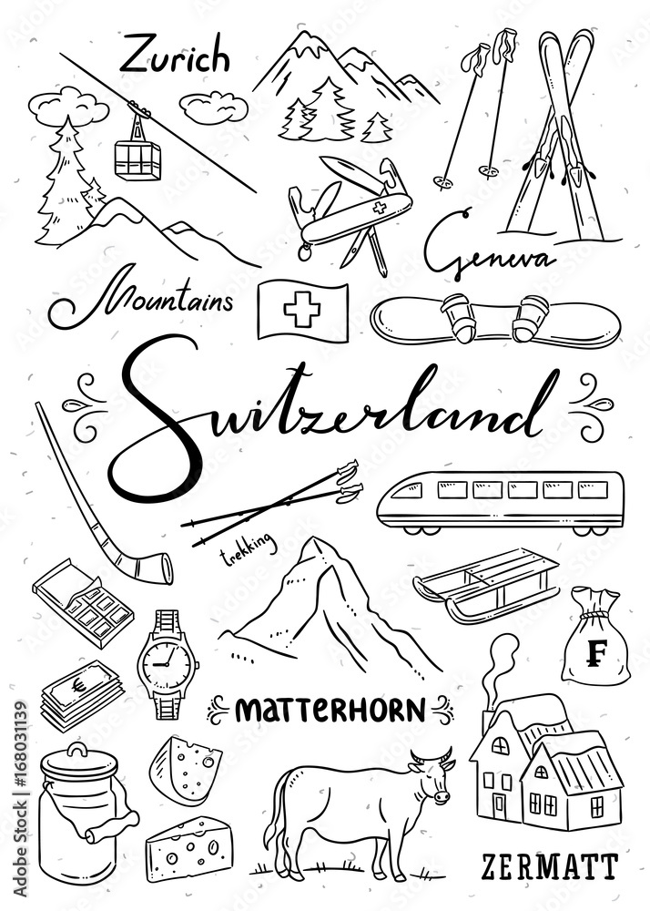 Hand drawn Switzerland illustrations. Outline Switzerland symbols ...