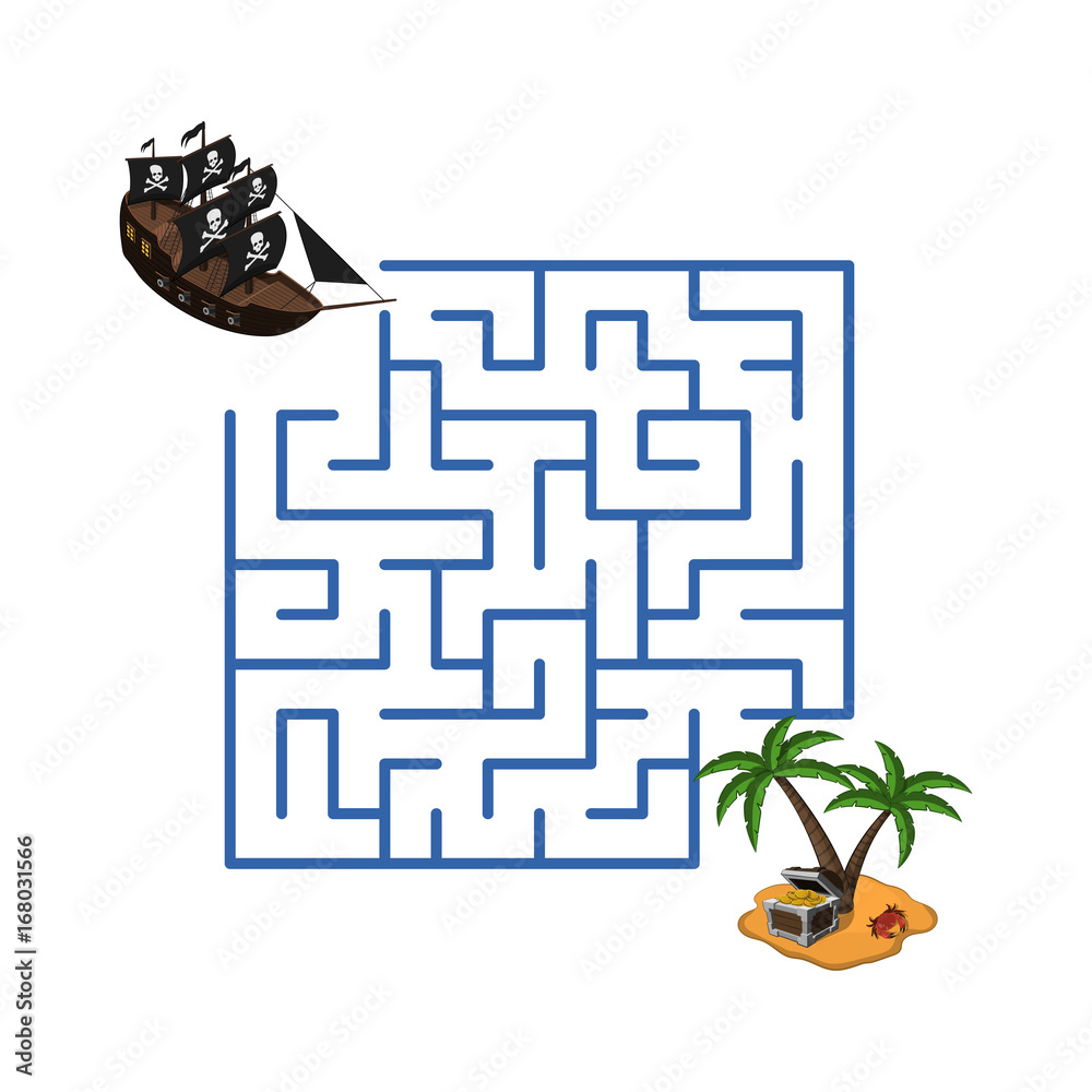 Maze in cartoon style. Pirate ship and treasure island. Children's game ...