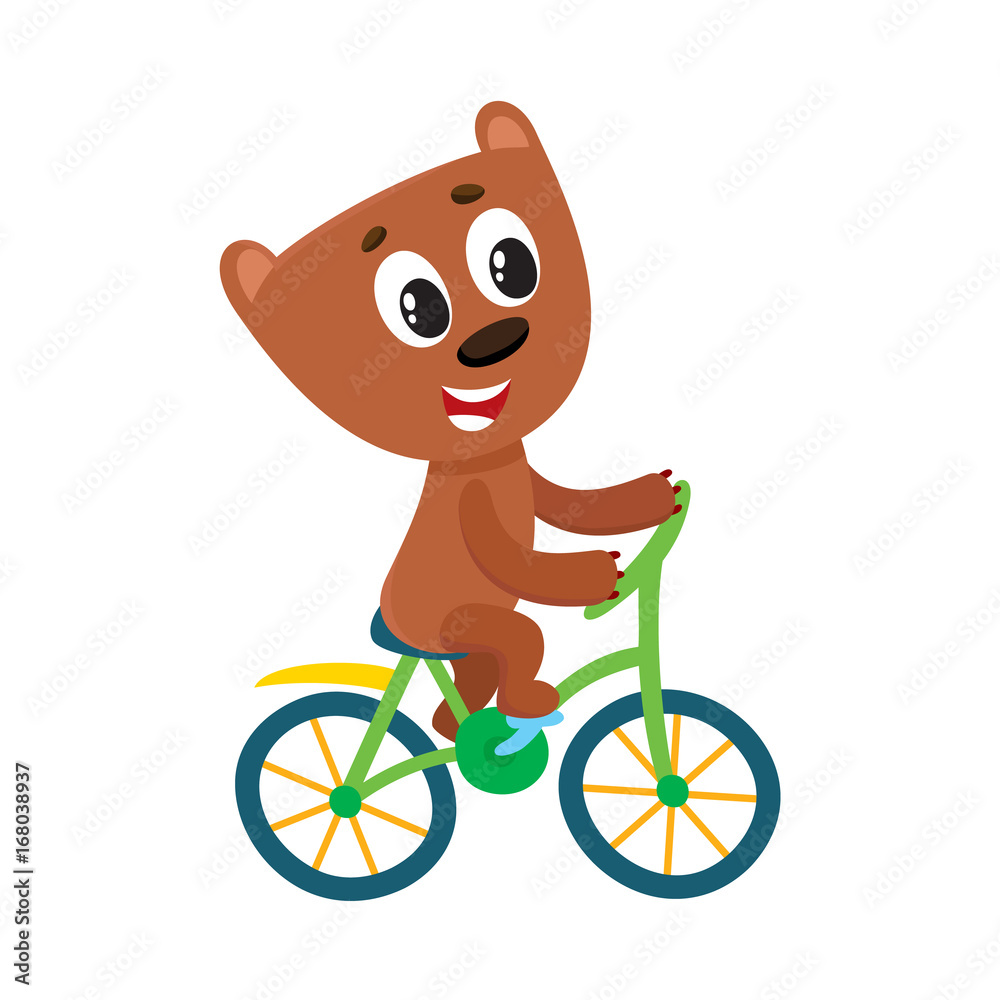Cute little bear character riding bicycle, cycling, cartoon vector illustration isolated on ...