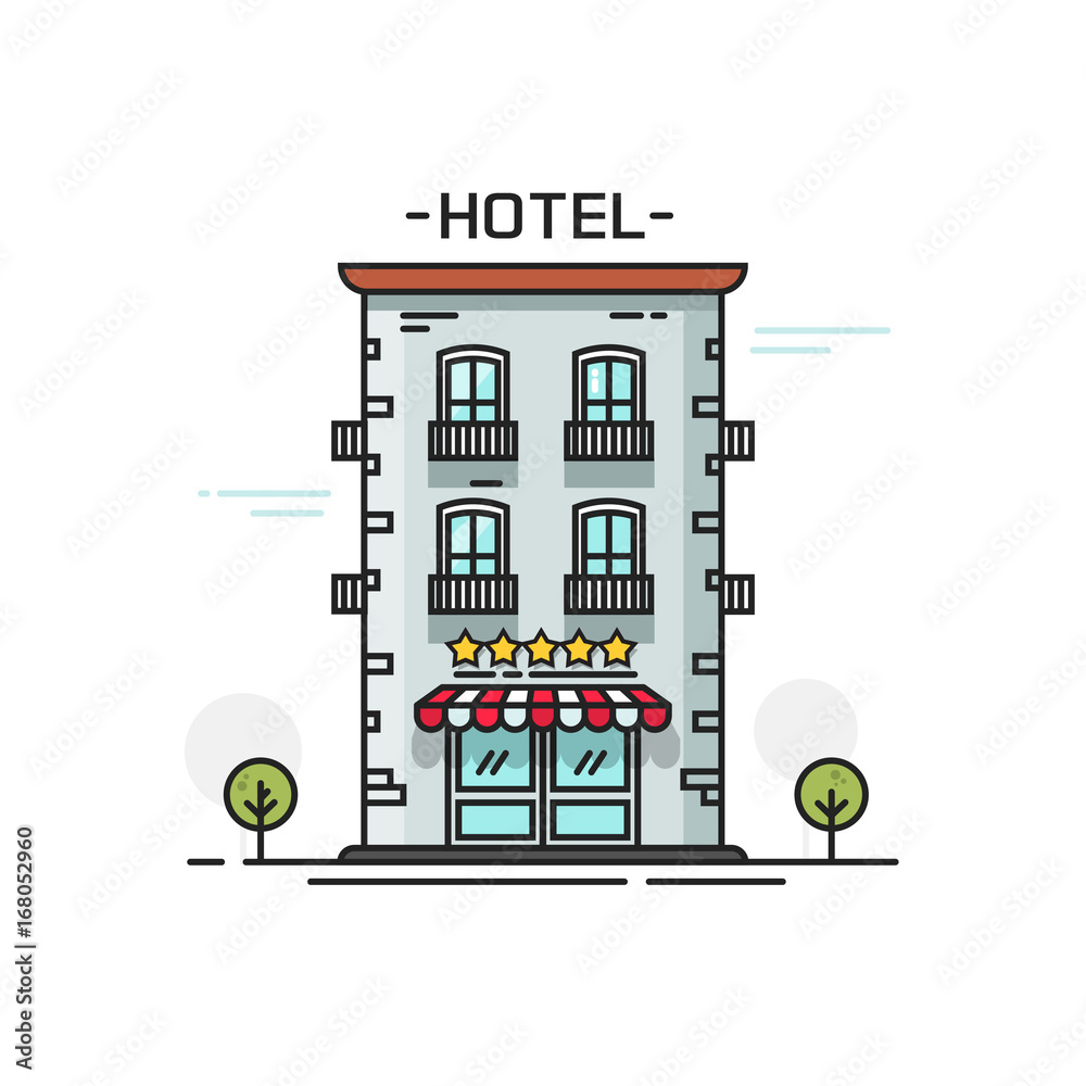 Hotel hostel building with five stars vector illustration thin line ...