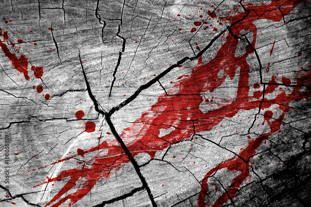 Murder in the forest. Blood splatter on tree stump wood background ...