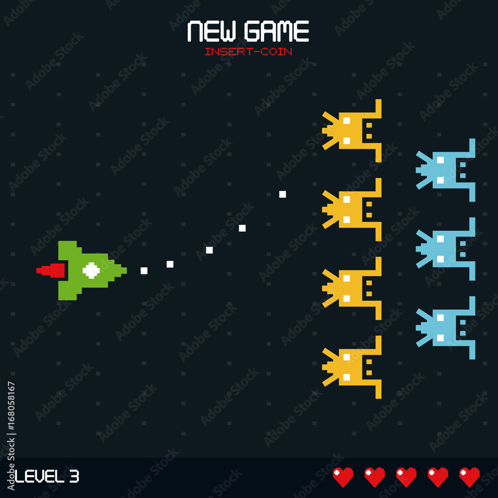 colorful poster of new game insert coin with graphics of spatial game ...