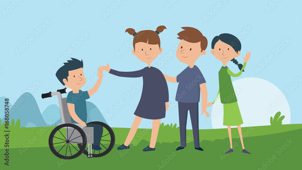 Kids playing with a boy in a wheelchair. Social message. Vector cartoon ...